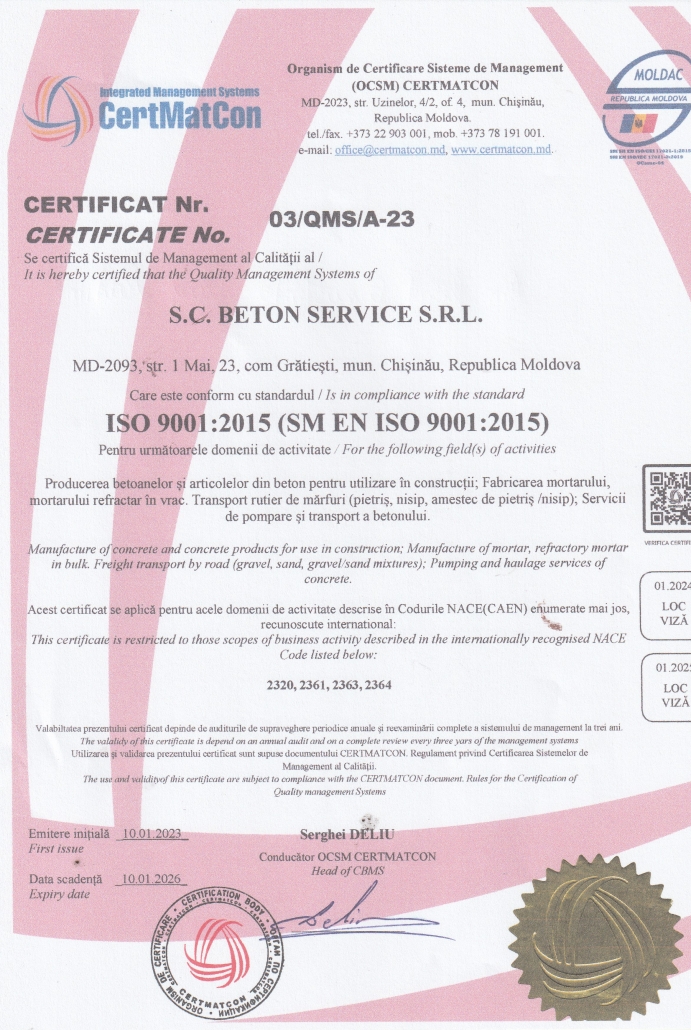 CERTIFICARE ISO - S.C. "BETON SERVICE" S.R.L.